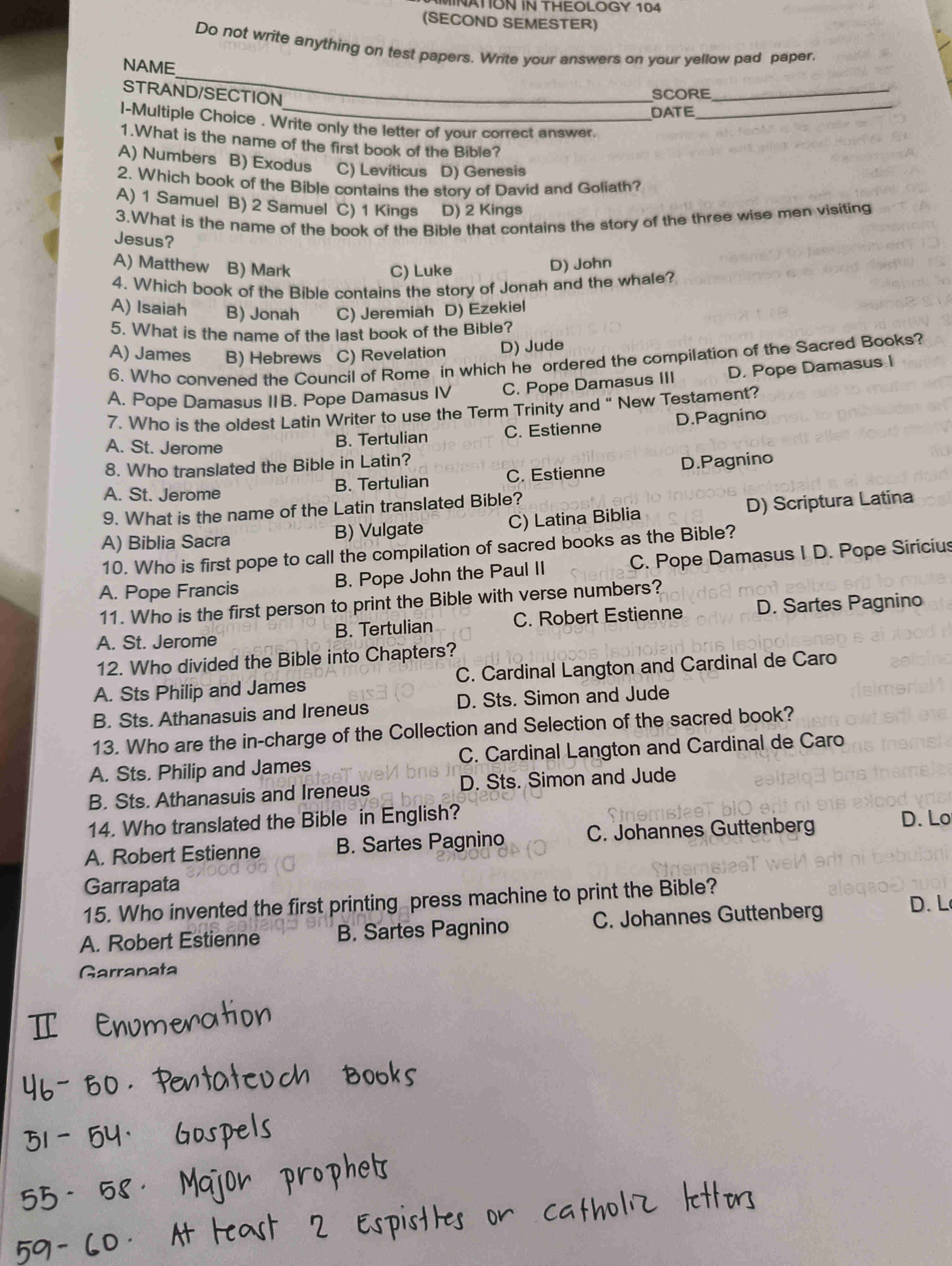 I-Multiple Choice. Write only the letter of | StudyX