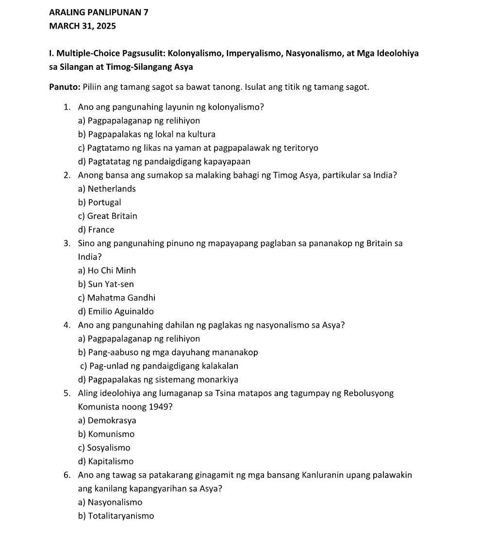 I. Multiple-Choice Pagsusulit: Kolonyalismo, | StudyX