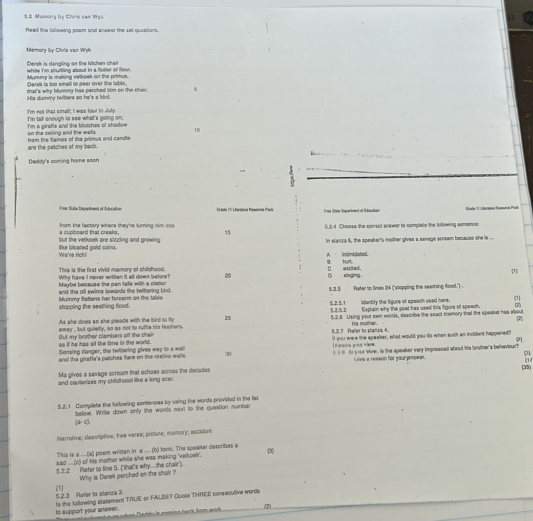 5.2 Memory by Chris van Wyk Read the | StudyX