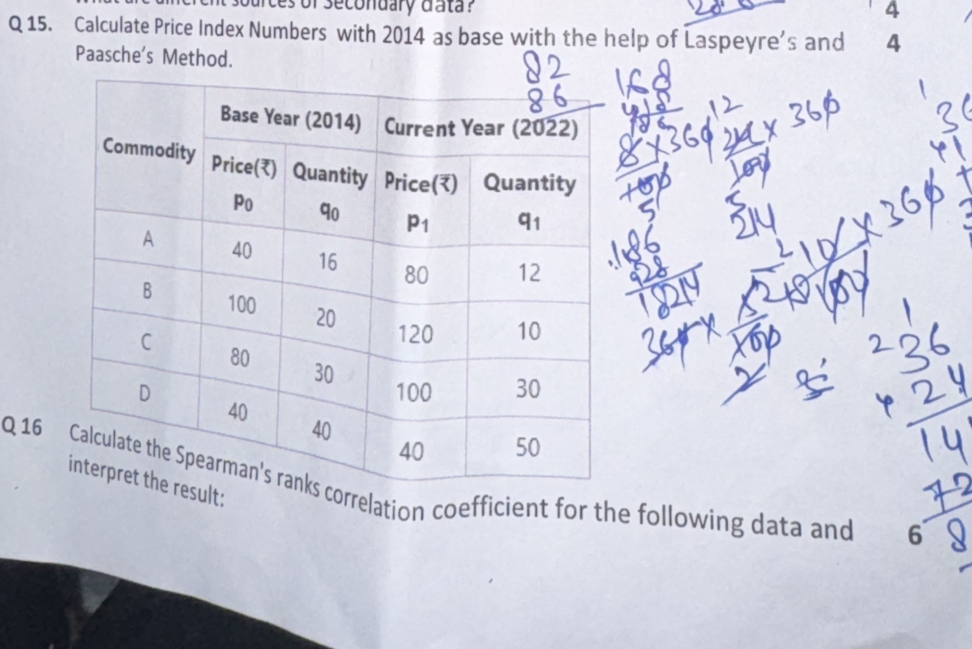 Q 15. Calculate Price Index Numbers with | StudyX