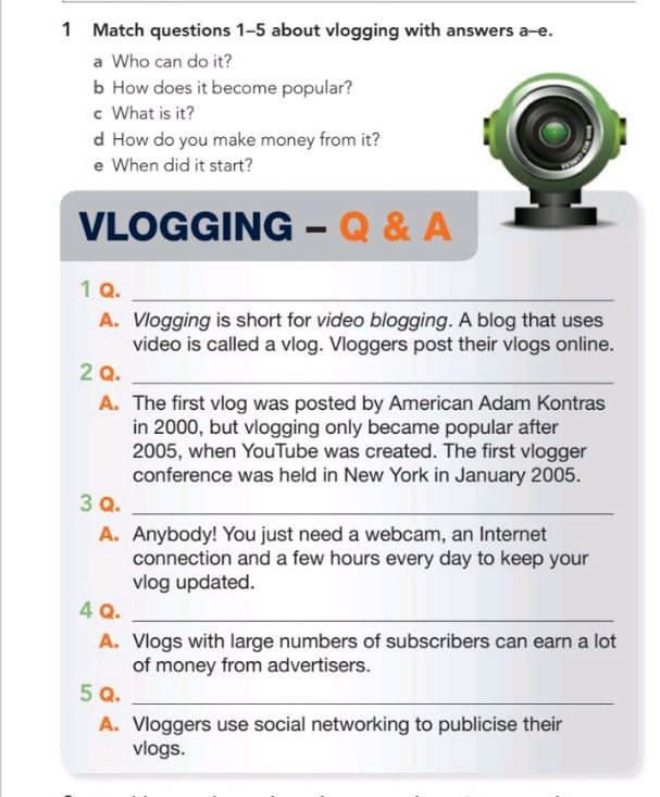 1 Match questions 1-5 about vlogging with | StudyX