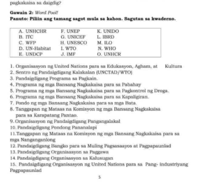 Gawain 2: Word Pool! Panuto: Piliin ang | StudyX