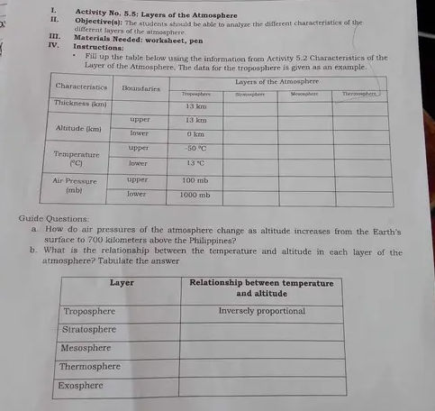Activity No. 5.5: Layers of the Atmosphere | StudyX