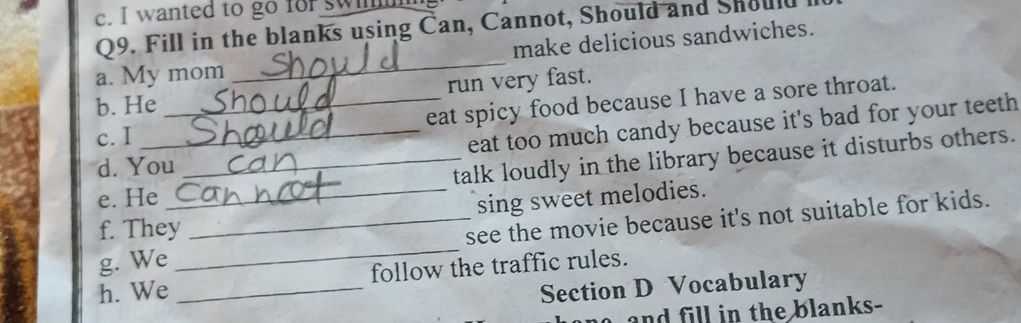 Q9. Fill in the blanks using Can, Cannot, | StudyX