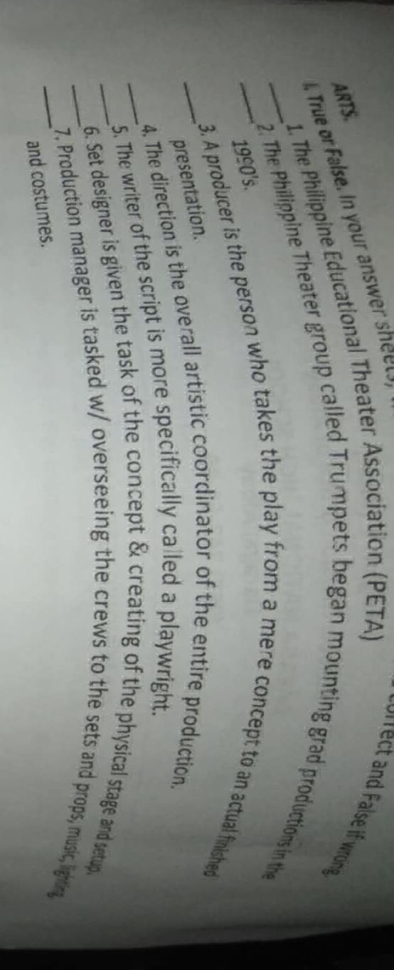 ARTS. 1. True or False. In your answer | StudyX