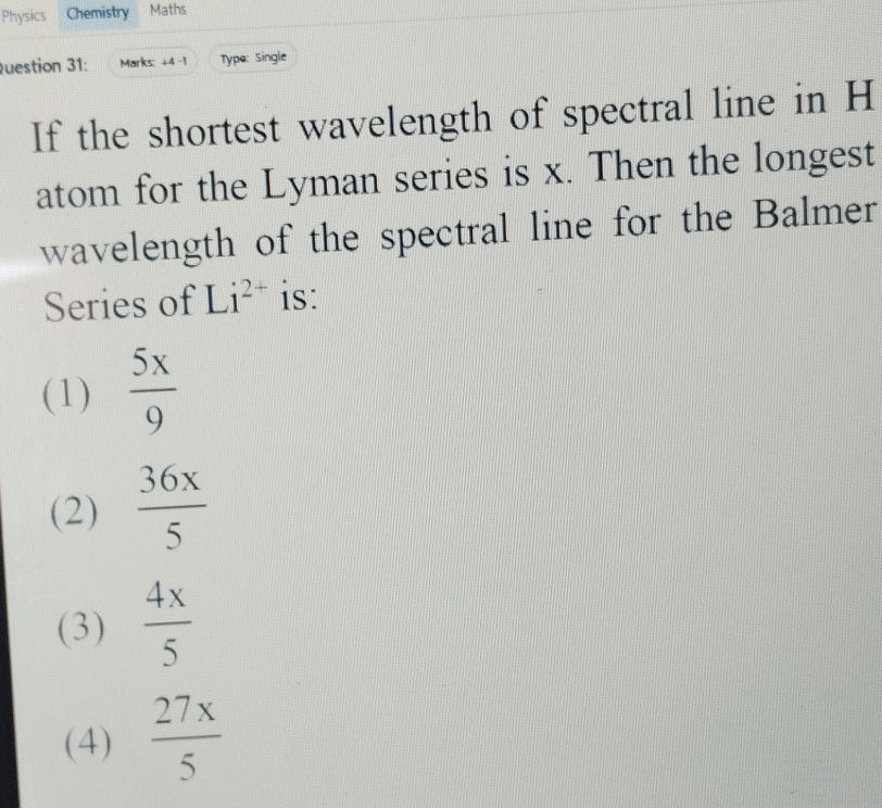 If the shortest wavelength of spectral line | StudyX