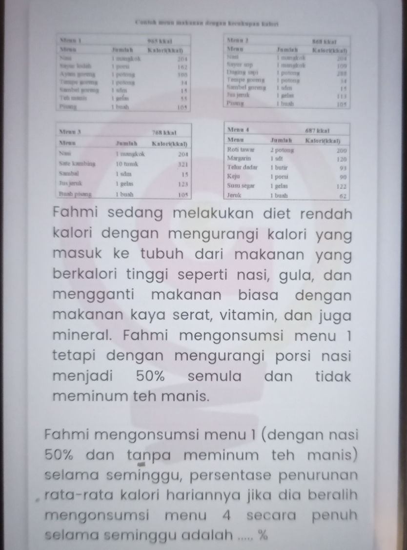Contoh menu makanan dengan kecukupan kalori | StudyX