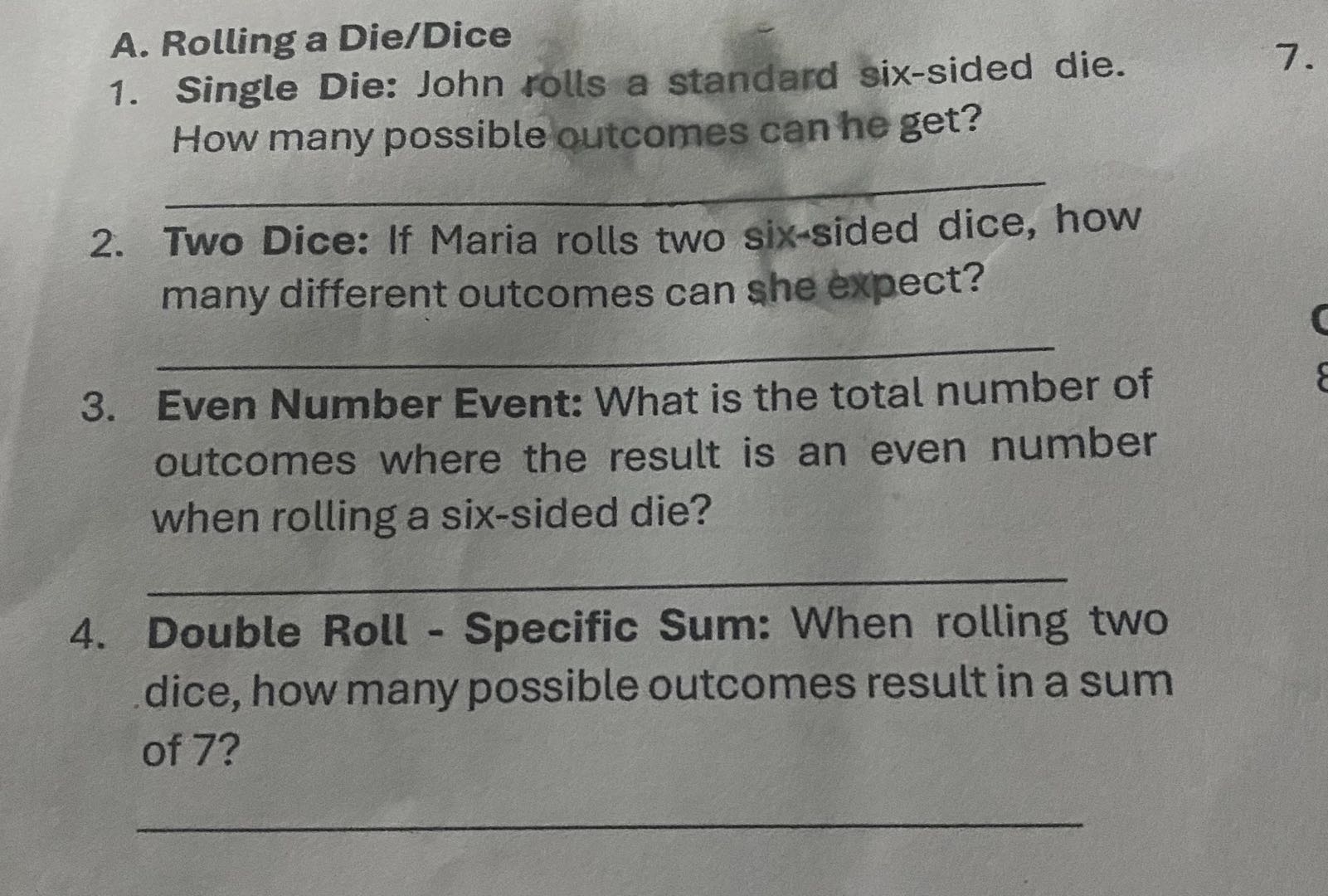 A. Rolling a Die/Dice 1. Single Die: John | StudyX