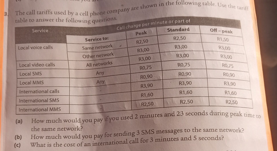 3. The call tariffs used by a cell phone | StudyX