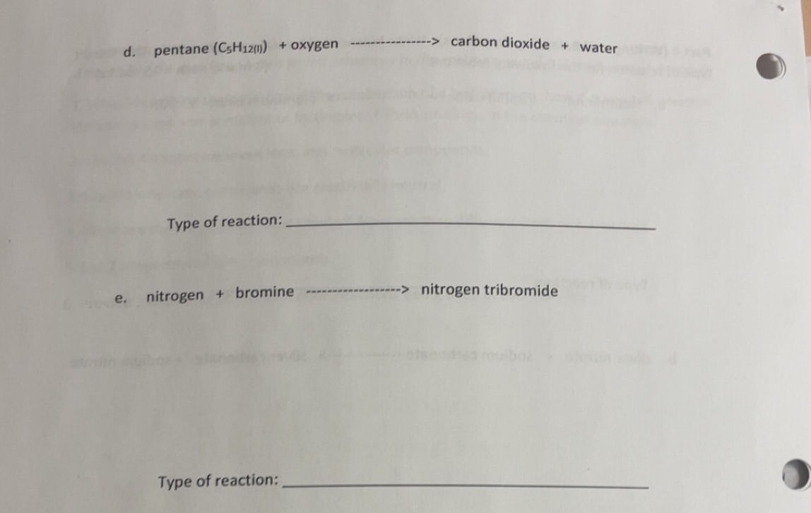 d. pentane (C5H12(l)) + oxygen ------> | StudyX