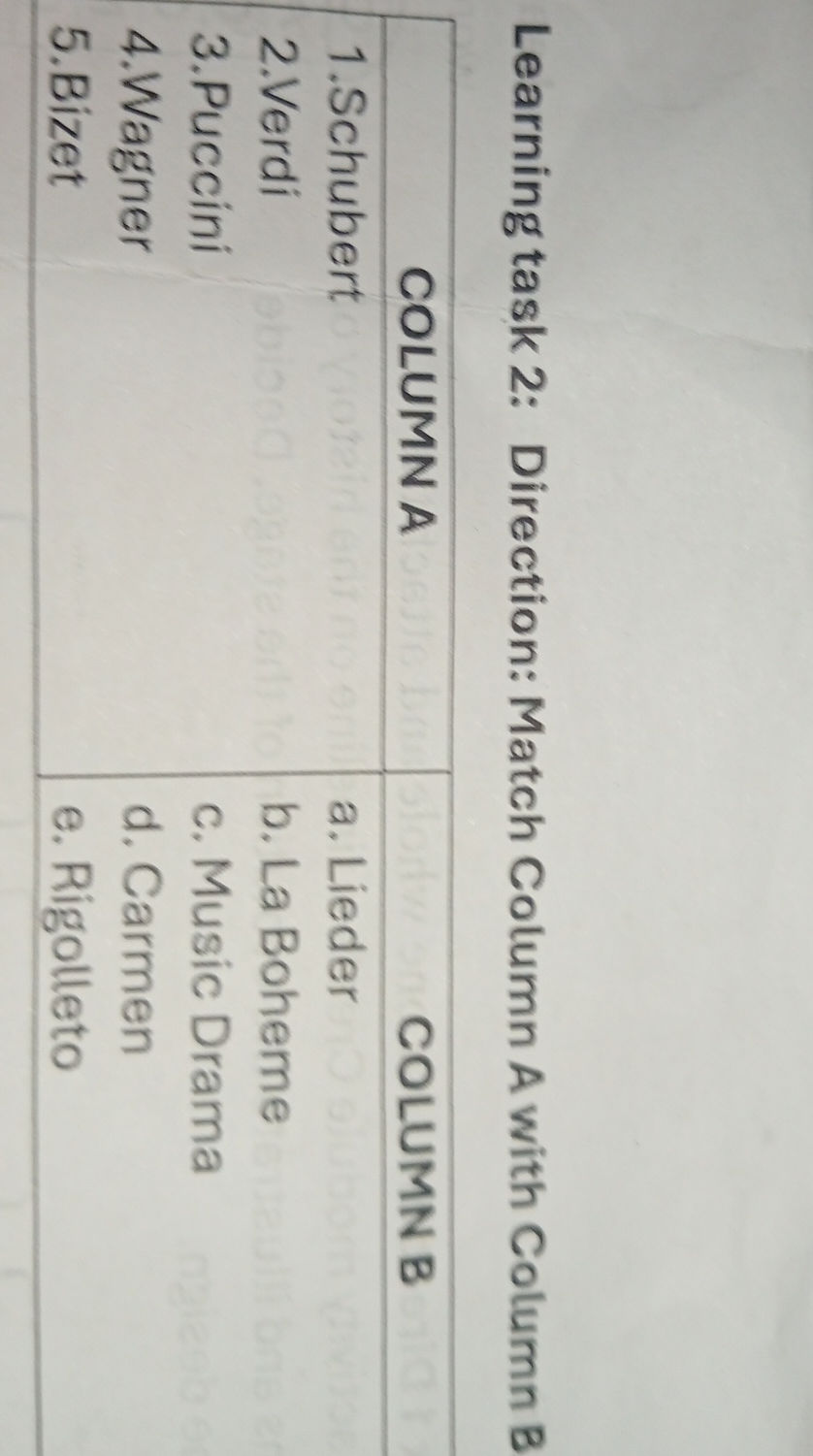 Learning task 2: Direction: Match Column A | StudyX