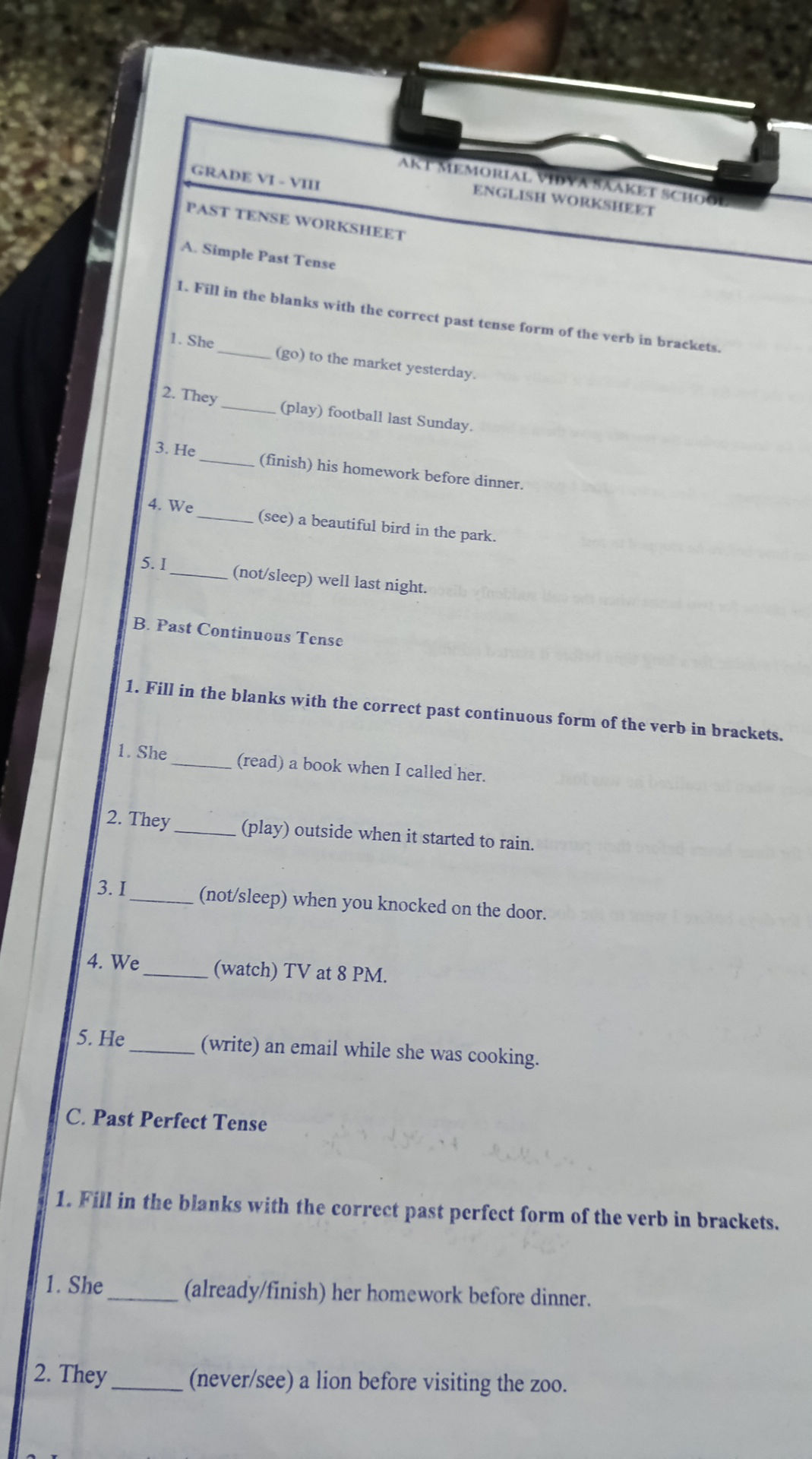 PAST TENSE WORKSHEET A. Simple Past Tense | StudyX