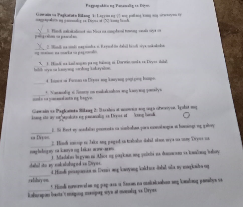 Gawain sa Pagkatuto Bilang 1: Lagyan ng (/) | StudyX