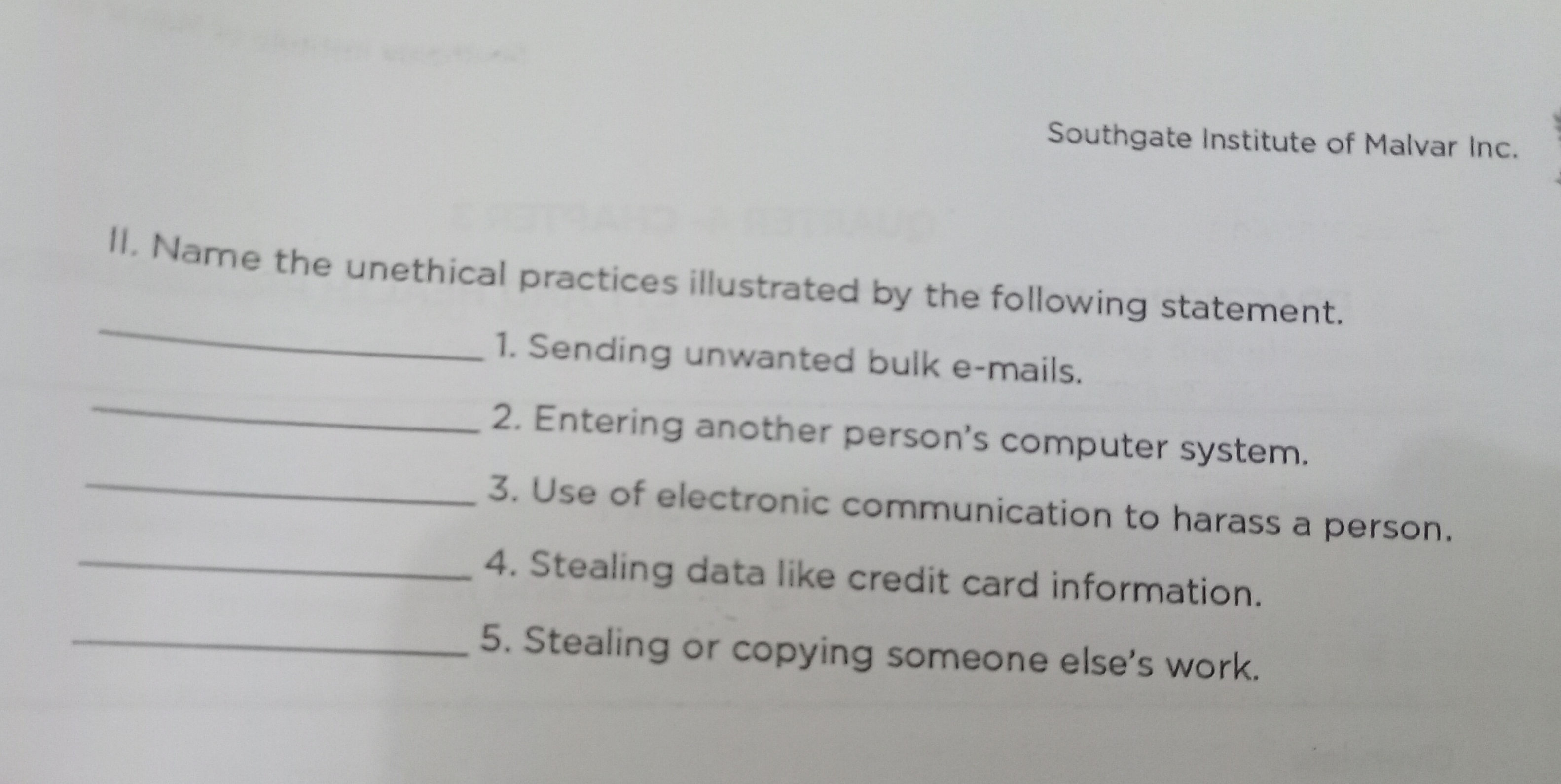 II. Name the unethical practices illustrated | StudyX