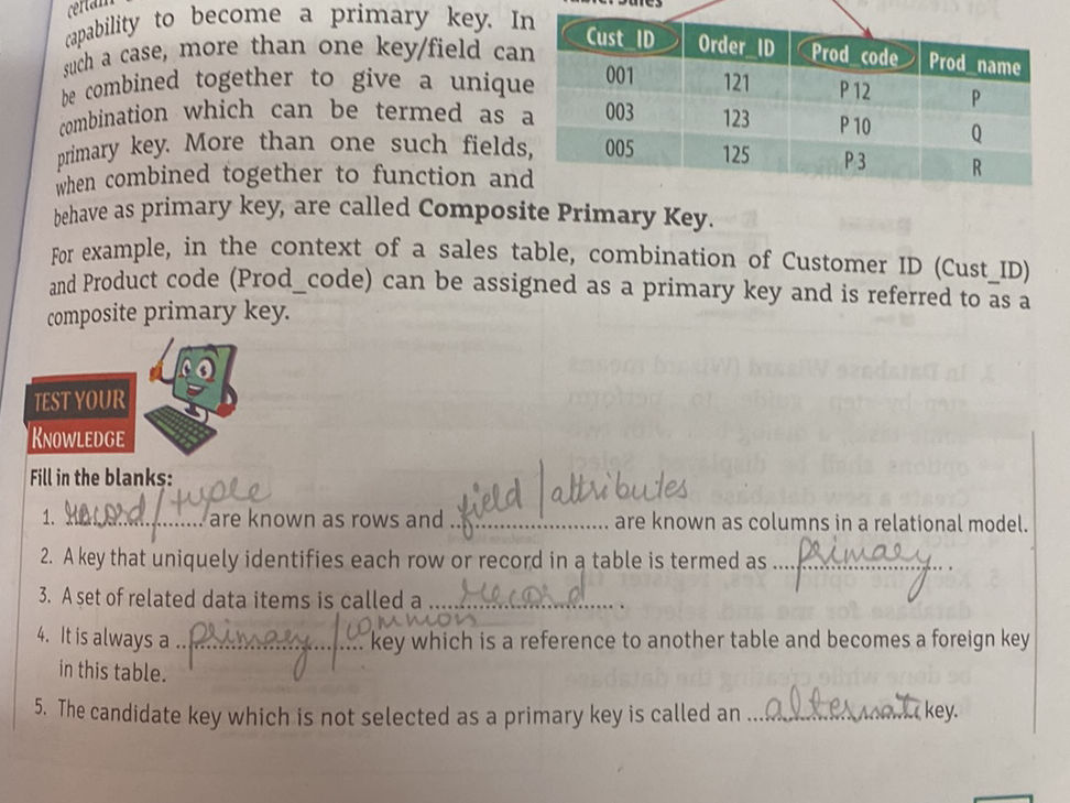 Fill in the blanks: 1. `Record / tuple` | StudyX