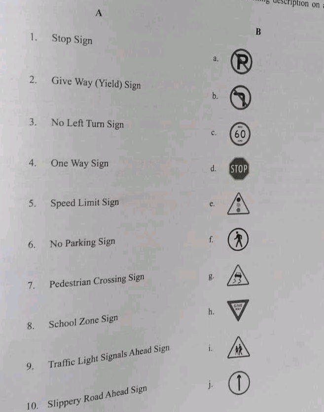 Match the traffic signs in column A with | StudyX