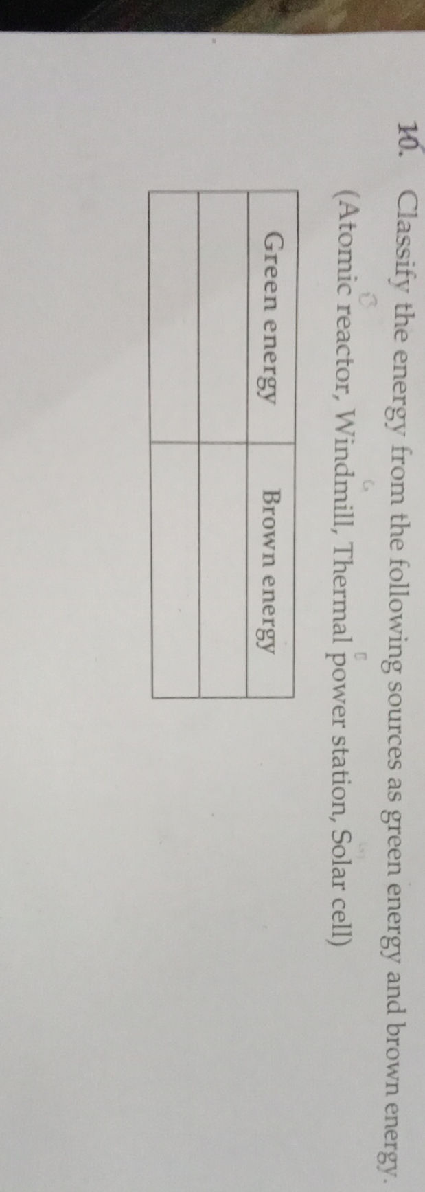 10. Classify the energy from the following | StudyX