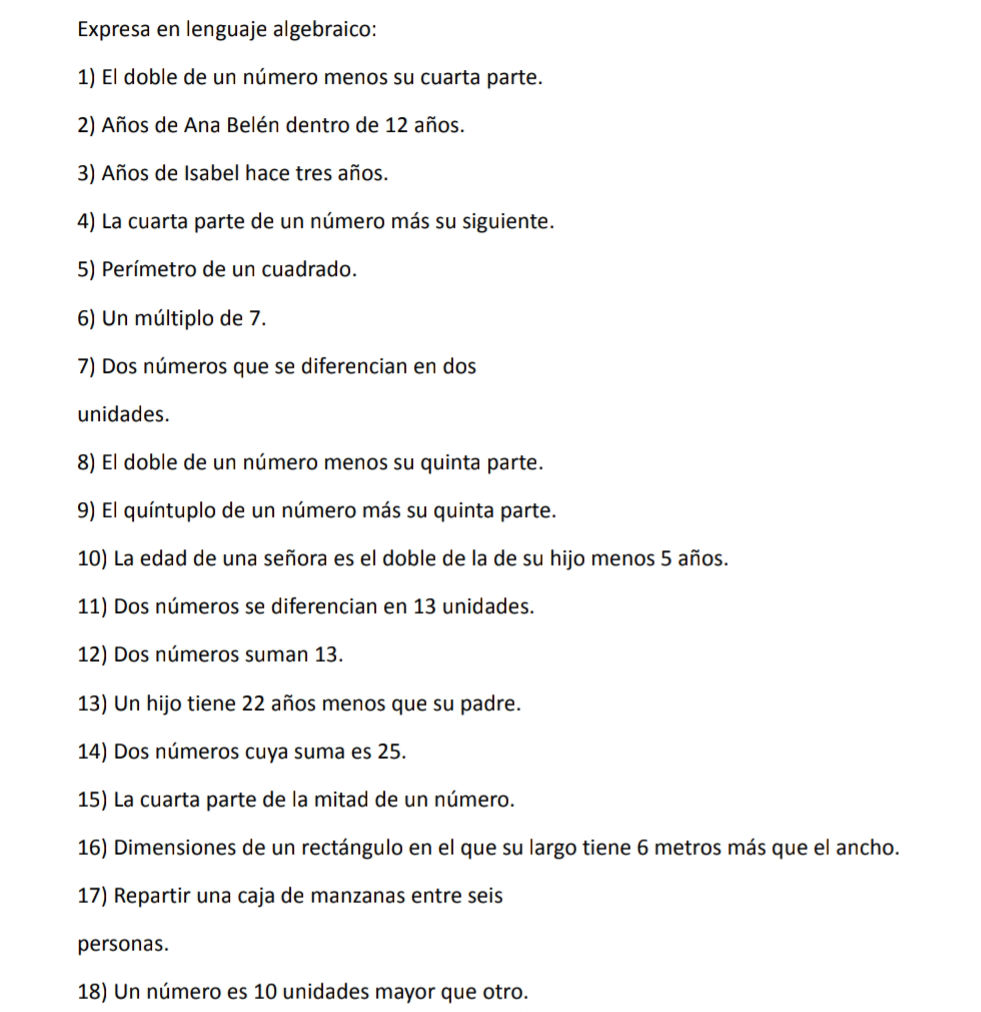 Expresa en lenguaje algebraico: 1) El doble | StudyX