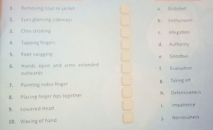 Match the following body language cues with | StudyX