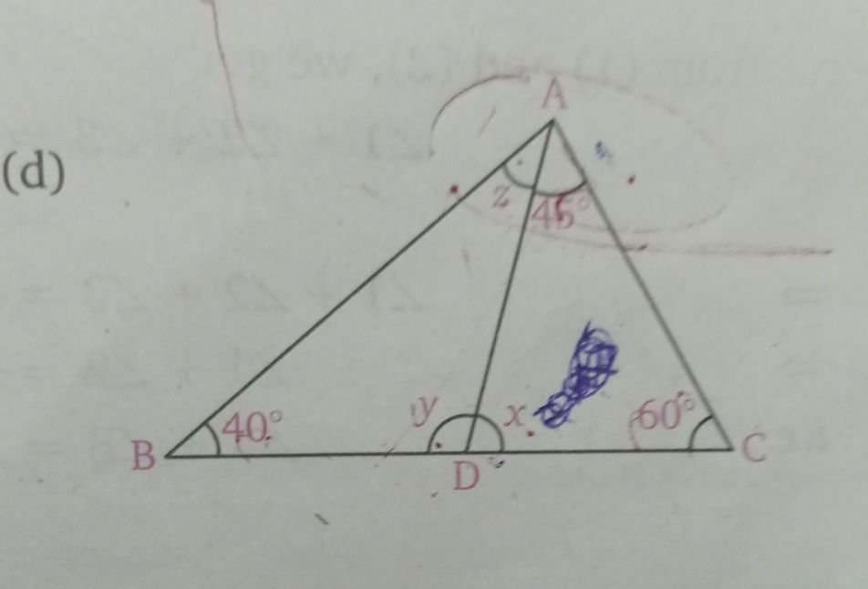 Find the values of angles x, y, and z in the | StudyX