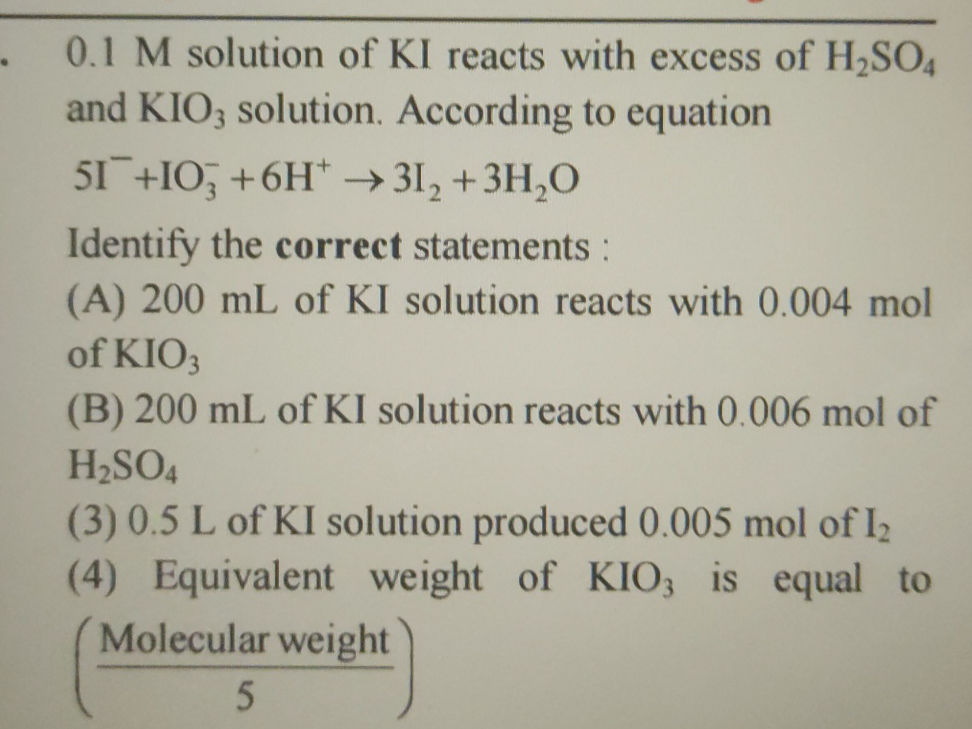 0.1 M solution of KI reacts with excess of | StudyX