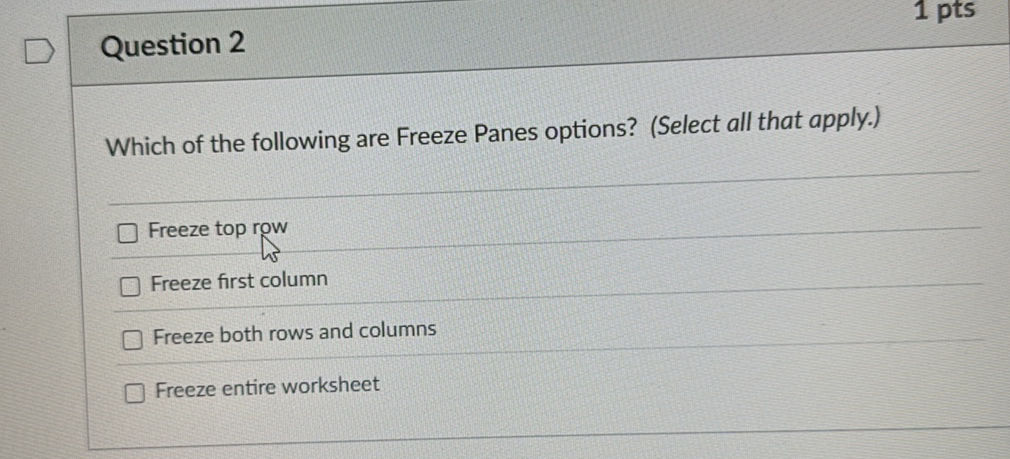 Which of the following are Freeze Panes | StudyX