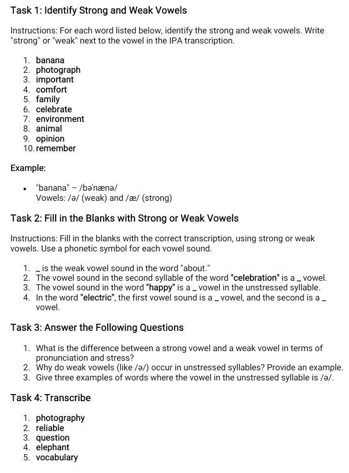 Task 1: Identify Strong and Weak Vowels | StudyX
