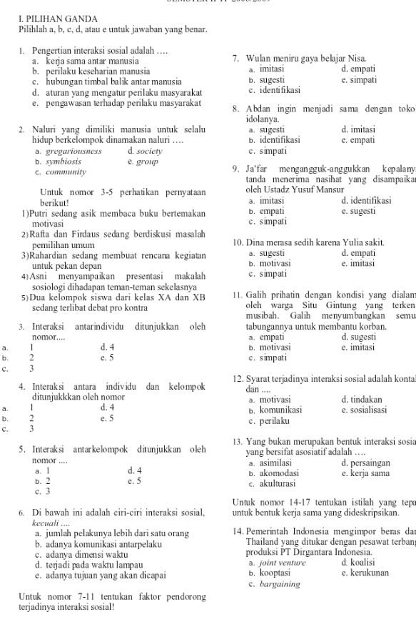1. PILIHAN GANDA Pilihlah a, b, c, d, atau e | StudyX