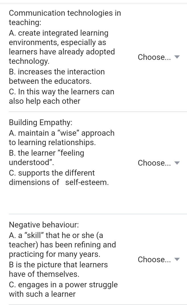 Communication technologies in teaching: A.