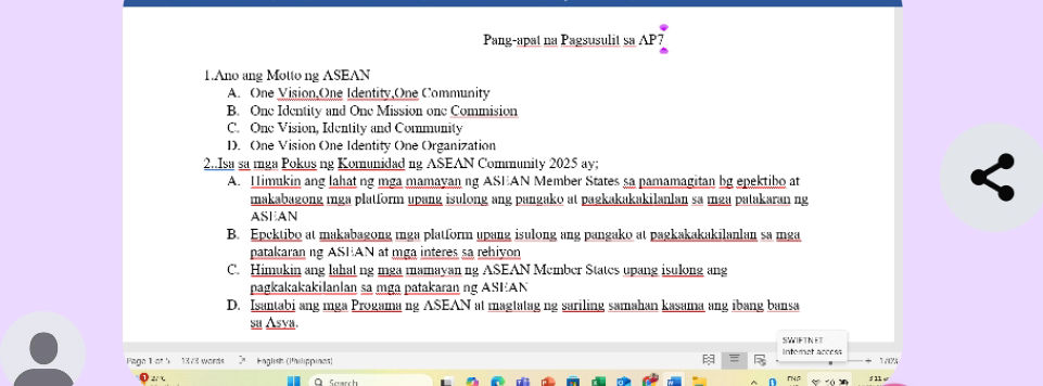 1. Ano ang Motto ng ASEAN A. One Vision, | StudyX