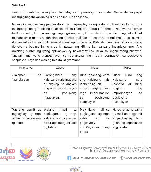 ISAGAWA: Panuto: Sumulat ng isang bionote | StudyX