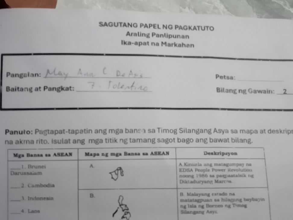 Panuto: Pagtapat-tapatin ang mga bansa sa | StudyX