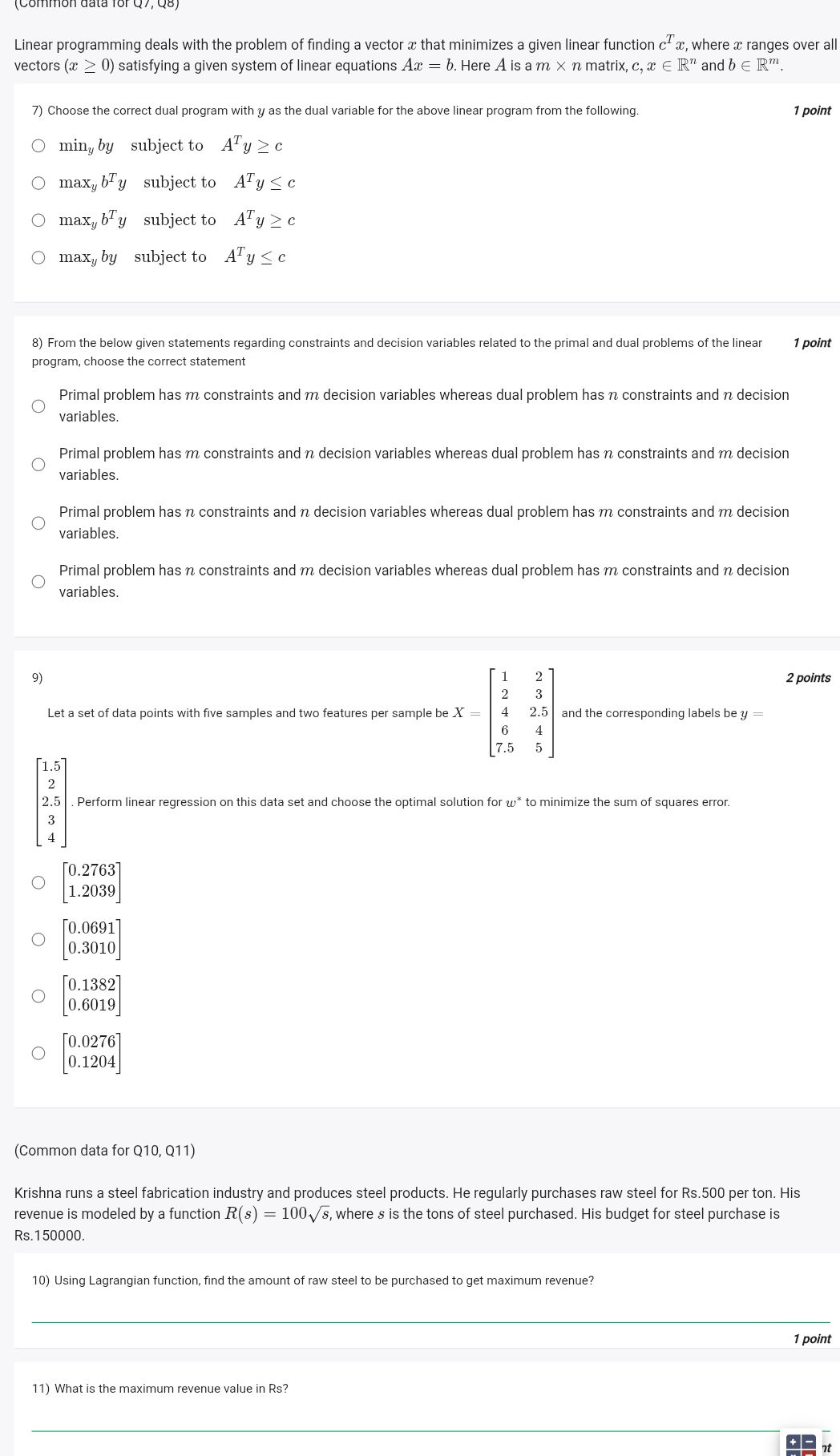 7) Choose the correct dual program with y as | StudyX