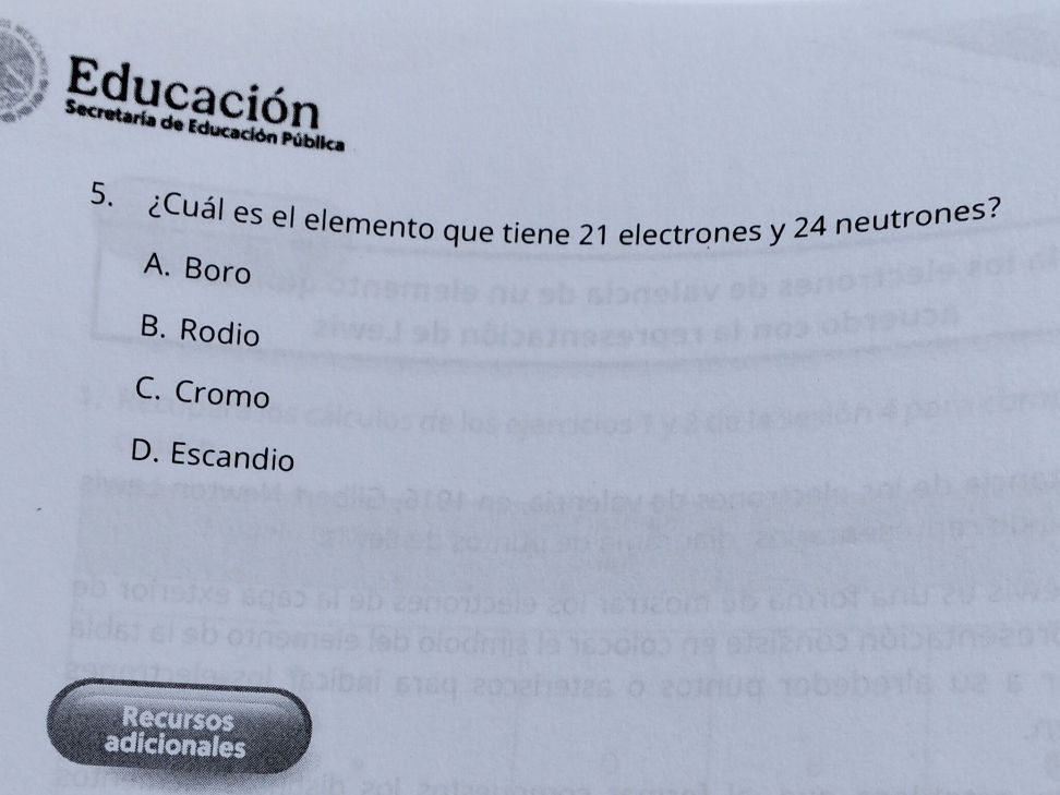 5. ¿Cuál es el elemento que tiene 21 | StudyX