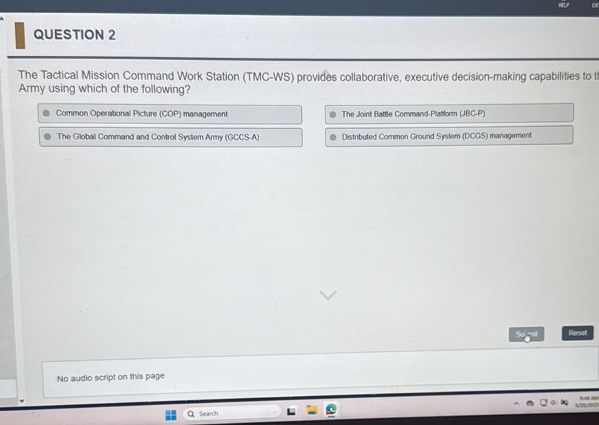 QUESTION 2 The Tactical Mission Command Work