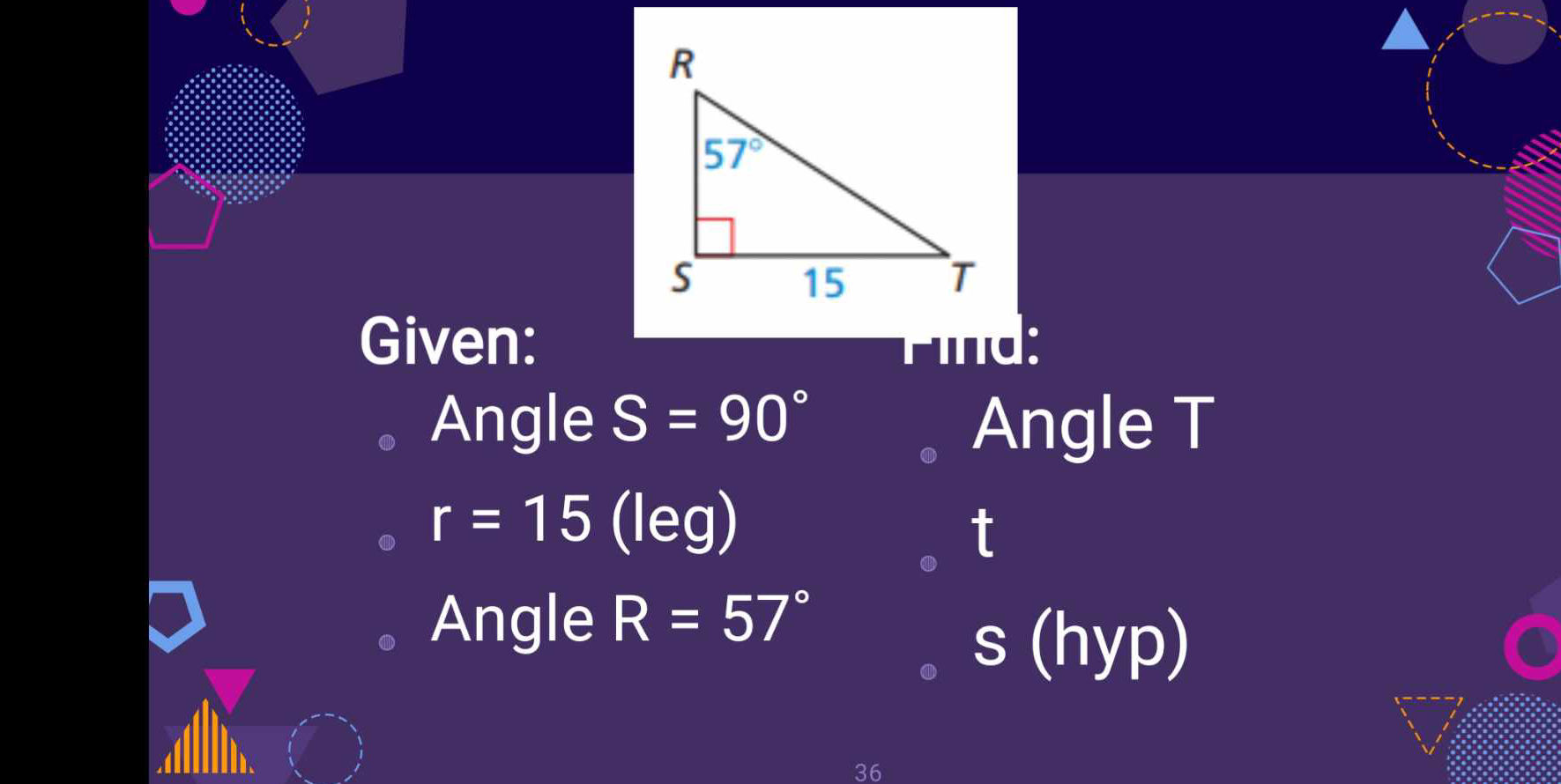 Given: * Angle S = 90° * r = 15 (leg) * | StudyX
