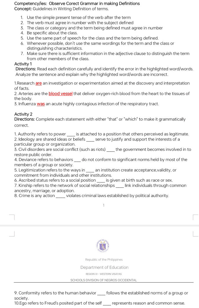 Competency/ies: Observe Corect Grammar in | StudyX