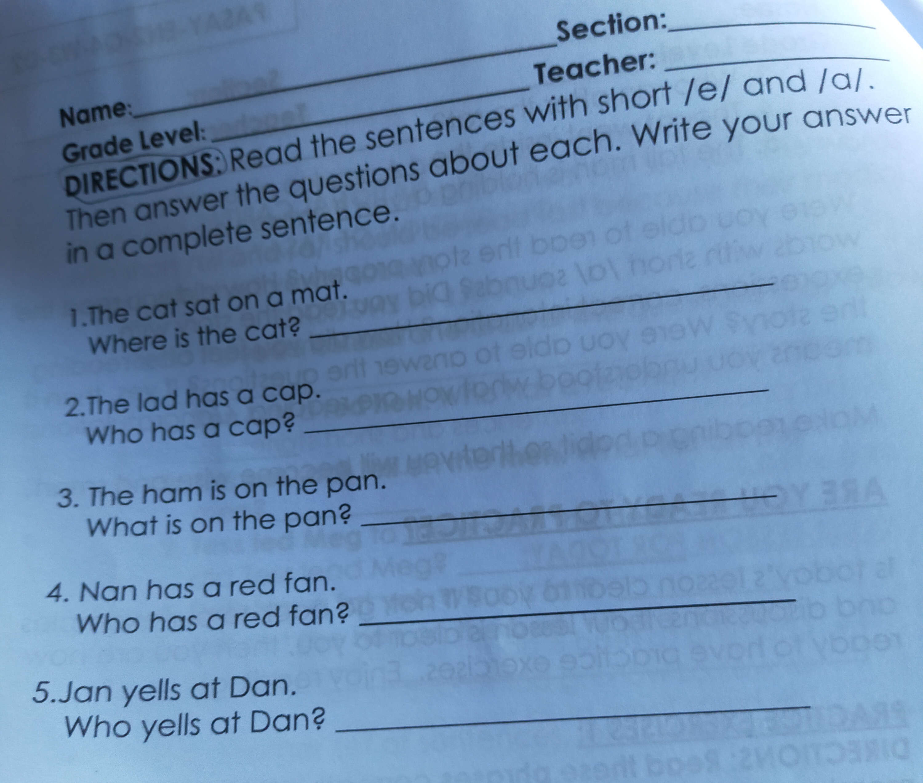 1. The cat sat on a mat. Where is the cat? | StudyX