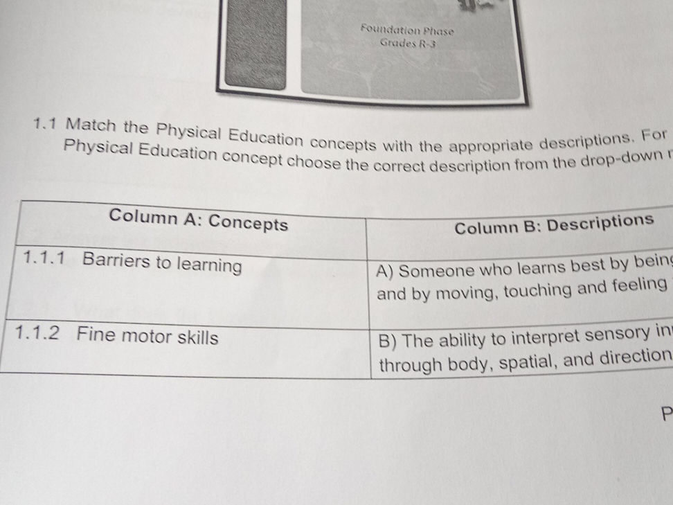 1.1 Match the Physical Education concepts | StudyX