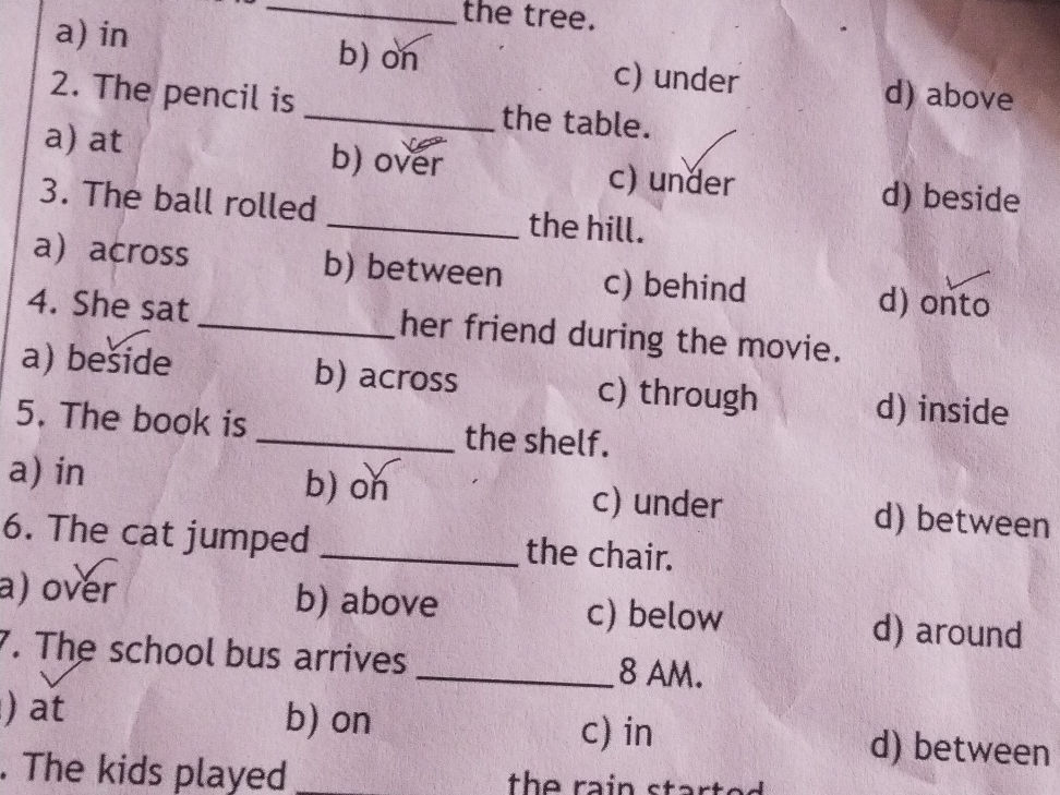 1. The tree. a) in b) on c) under d) | StudyX