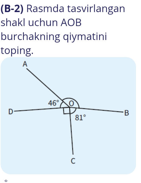 Find the value of the AOB angle for the | StudyX