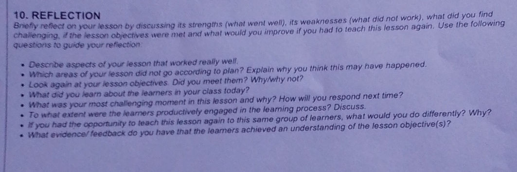 10. REFLECTION Briefly reflect on your | StudyX