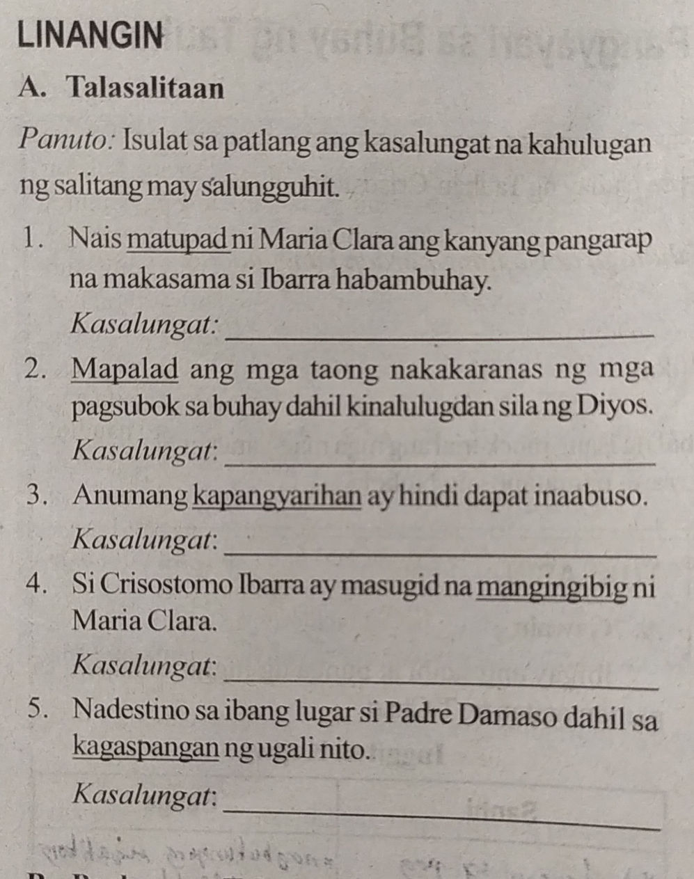A. Talasalitaan Panuto: Isulat sa patlang | StudyX