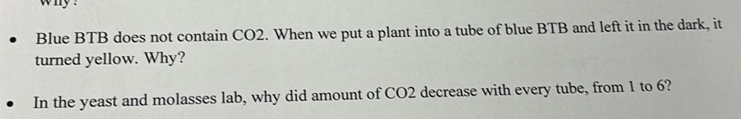 Blue BTB does not contain CO2. When we put a | StudyX