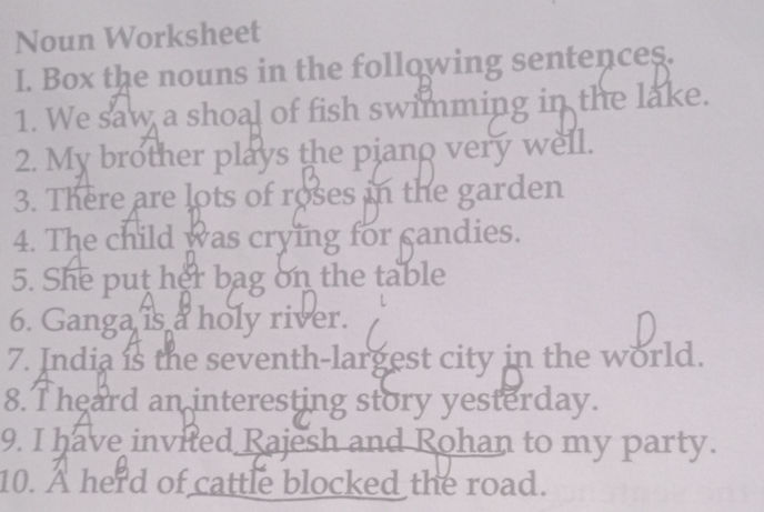 Noun Worksheet I. Box the nouns in the | StudyX