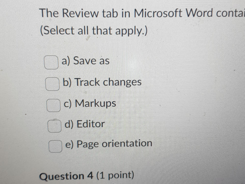 The Review tab in Microsoft Word contains: | StudyX