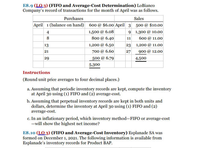 E8.9 (FIFO and Average-Cost Determination) | StudyX