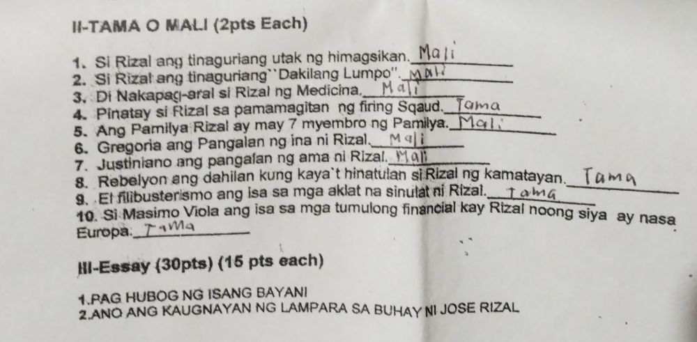 II-TAMA O MALI (2pts Each) 1. Si Rizal ang | StudyX