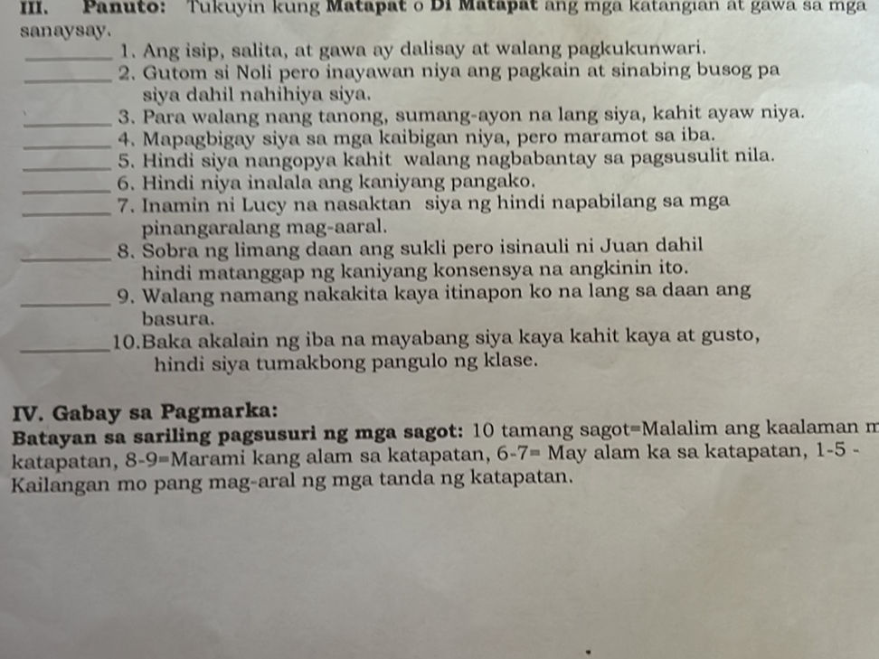 III. Panuto: Tukuyin kung Matapat o Di | StudyX