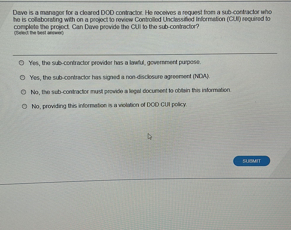 Dave is a manager for a cleared DOD | StudyX